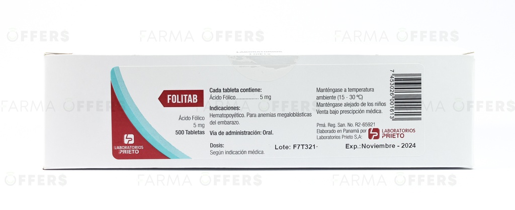 FOLITAB TABL 5.00MG, 1 de 500 | Farmaoffers
